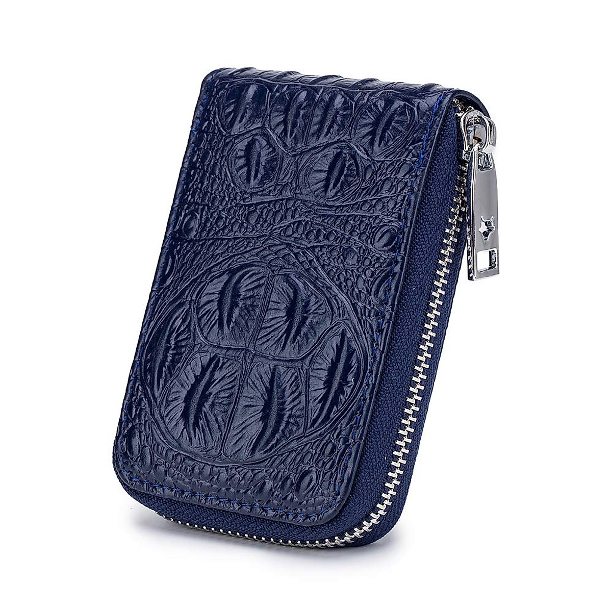 Wallets Genuine Leather For Womens Mens Crocodile Skin Embossed Coin Purse Mini Card Case Holder Zipper Pockets (Navy Blue,One Size)