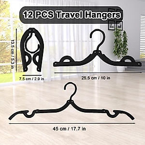 exinddea 12 PCS Travel Hangers,Portable Folding Clothes Hangers Travel Accessories,Foldable Clothes Drying Rack for Travel,Travel Clothes Hangers with Clotheslines,Black Non Slip Clothing Hangers