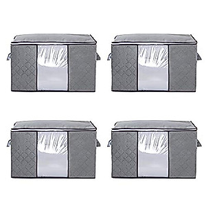 4Pcs Blanket Clothes Storage Bag Set with Reinforced Handle Double Zippers Clear Window Large Capacity Foldable Fabric for Duvet Comforter Organizer