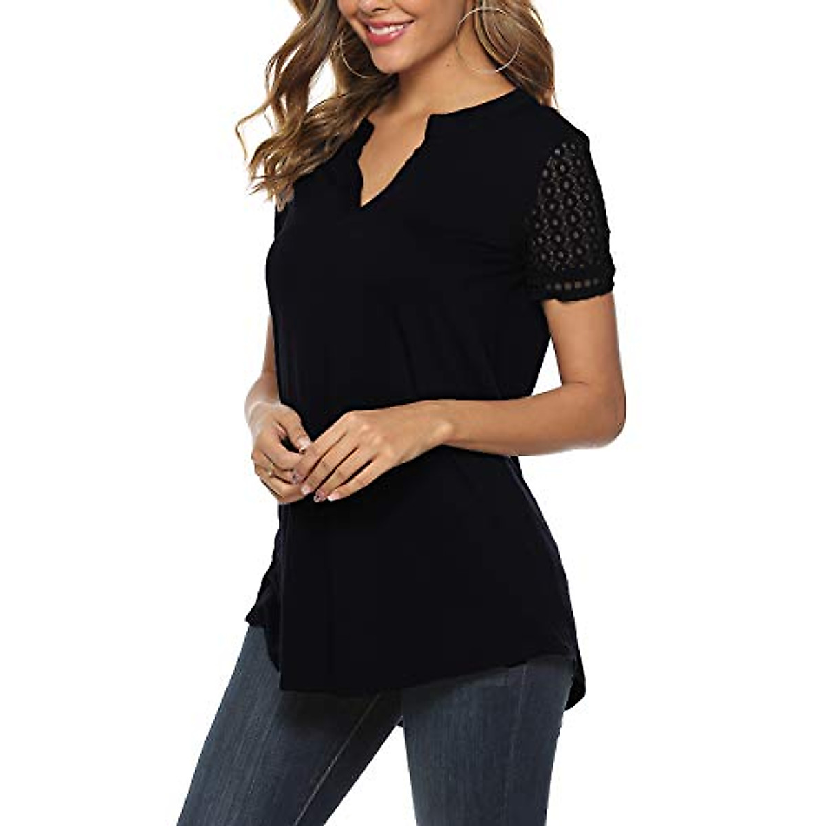 Zattcas Women's Summer V Neck Short Sleeve Tunic Shirt Business Casual Blouses for Women Black Medium