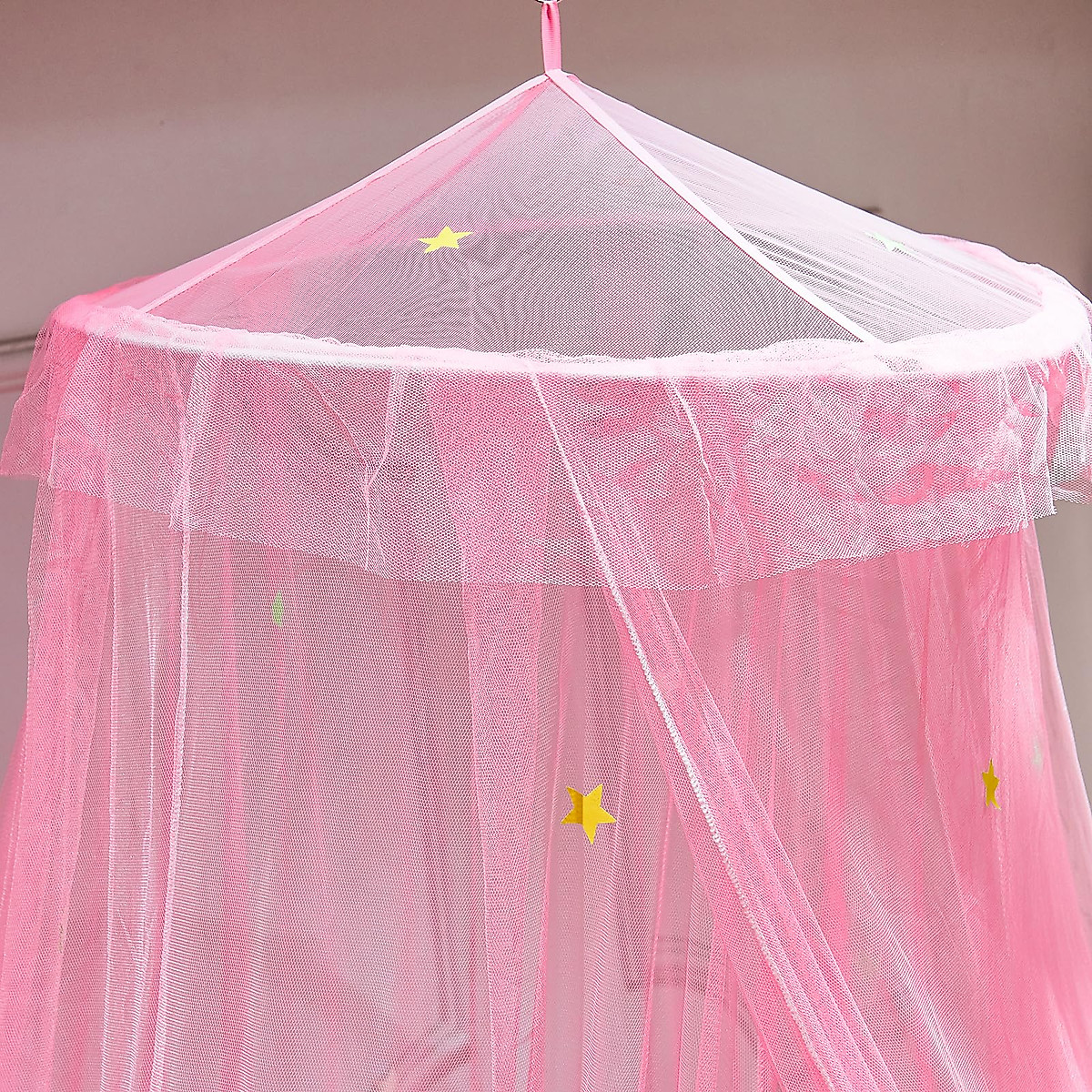 Mengersi Bed Canopy for Girls with Glow in The Dark Stars,Bed Canopy Curtains for Kids Baby Crib Twin Full Queen Size Bed,Canopy for Girls Room Decor,Pink