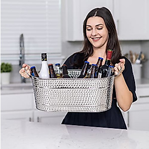 BREKX Stainless-Steel Ice Bucket & Beverage Tub for Parties, Hammered Stainless Steel Finish, Leak-Proof, Rust-Proof, with Handles - 15 Quarts
