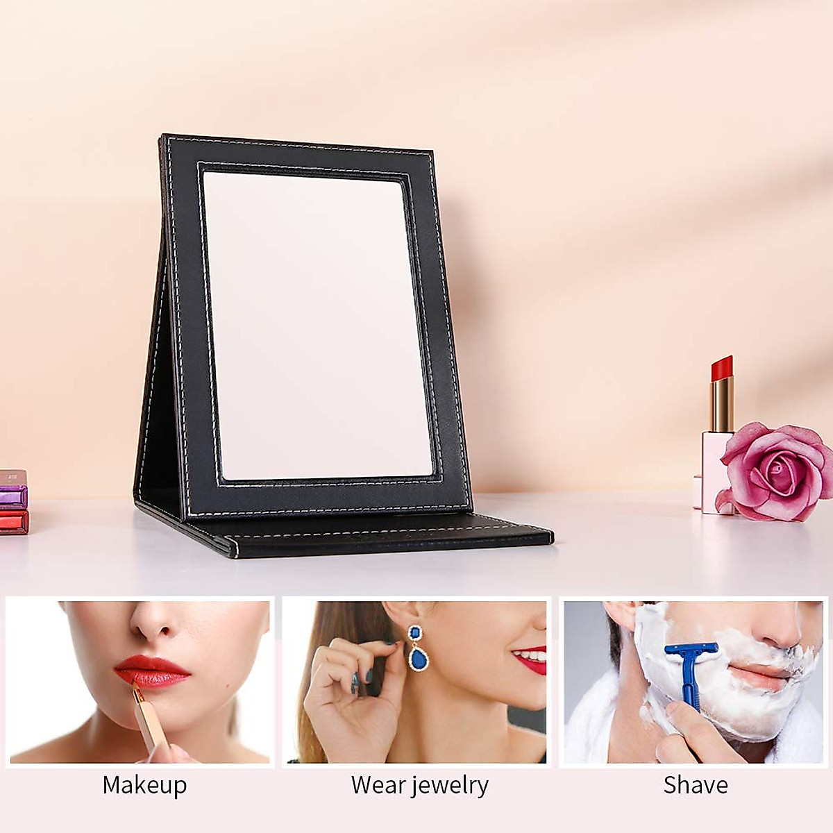 DUcare Folding Mirror Portable Travel PU Portable Adjustable Rectangular Ultrathin Vanity Mirror with Stand, for Travel, Camping,Home