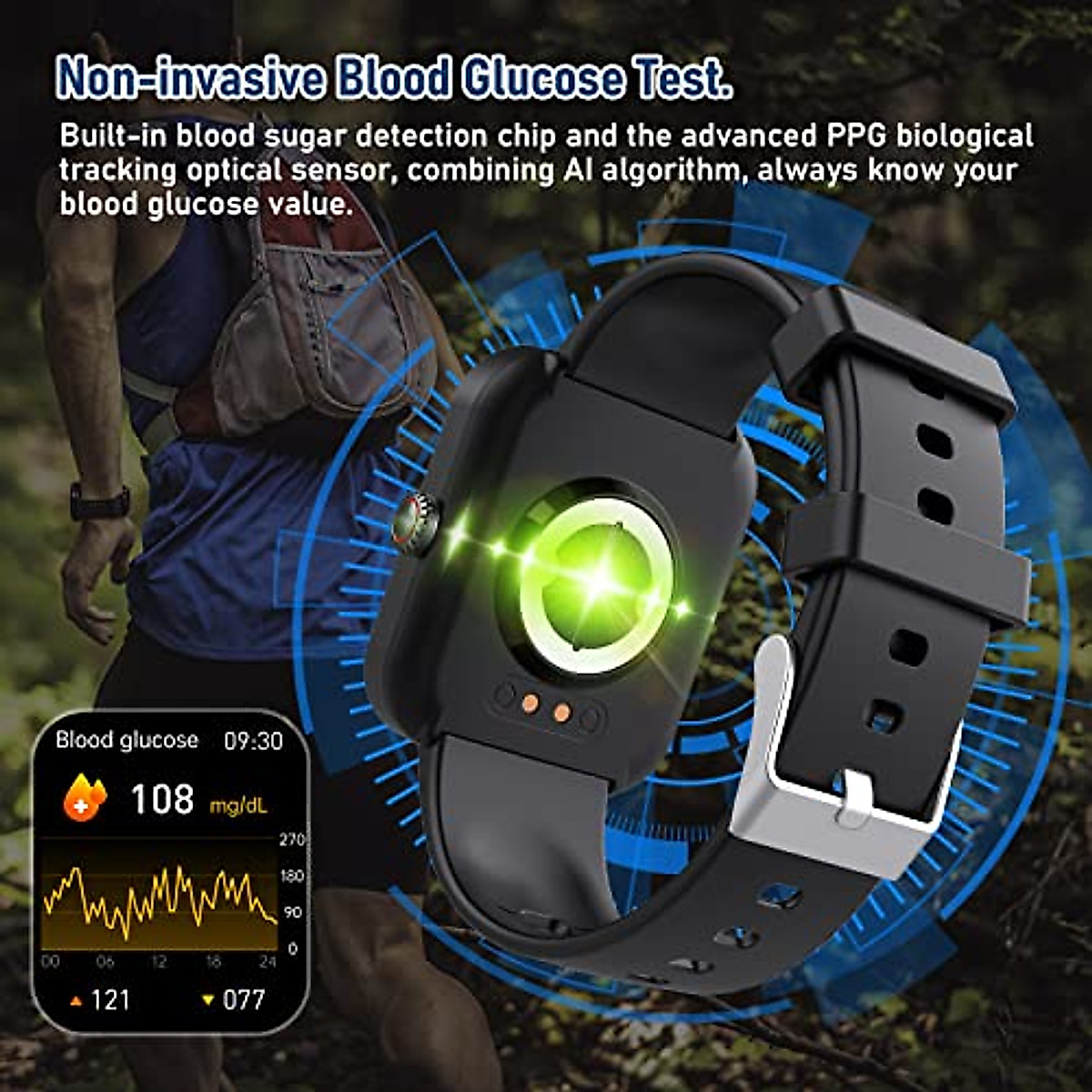 Blood Glucose Smart Watch with Bluetooth Call for Men Women, Smartwatch Fitness Tracker Heart Rate Monitor Blood Sugar Oxygen Pressure Tracking for Android iOS Phones, IP67 Waterproof