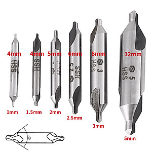 Center Drill Set, 6pcs 1/1.5/2/2.5/3/5mm 60 Degree High Speed Steel Centering Drill Bit Set, Countersink Lathe Center Drill Bits