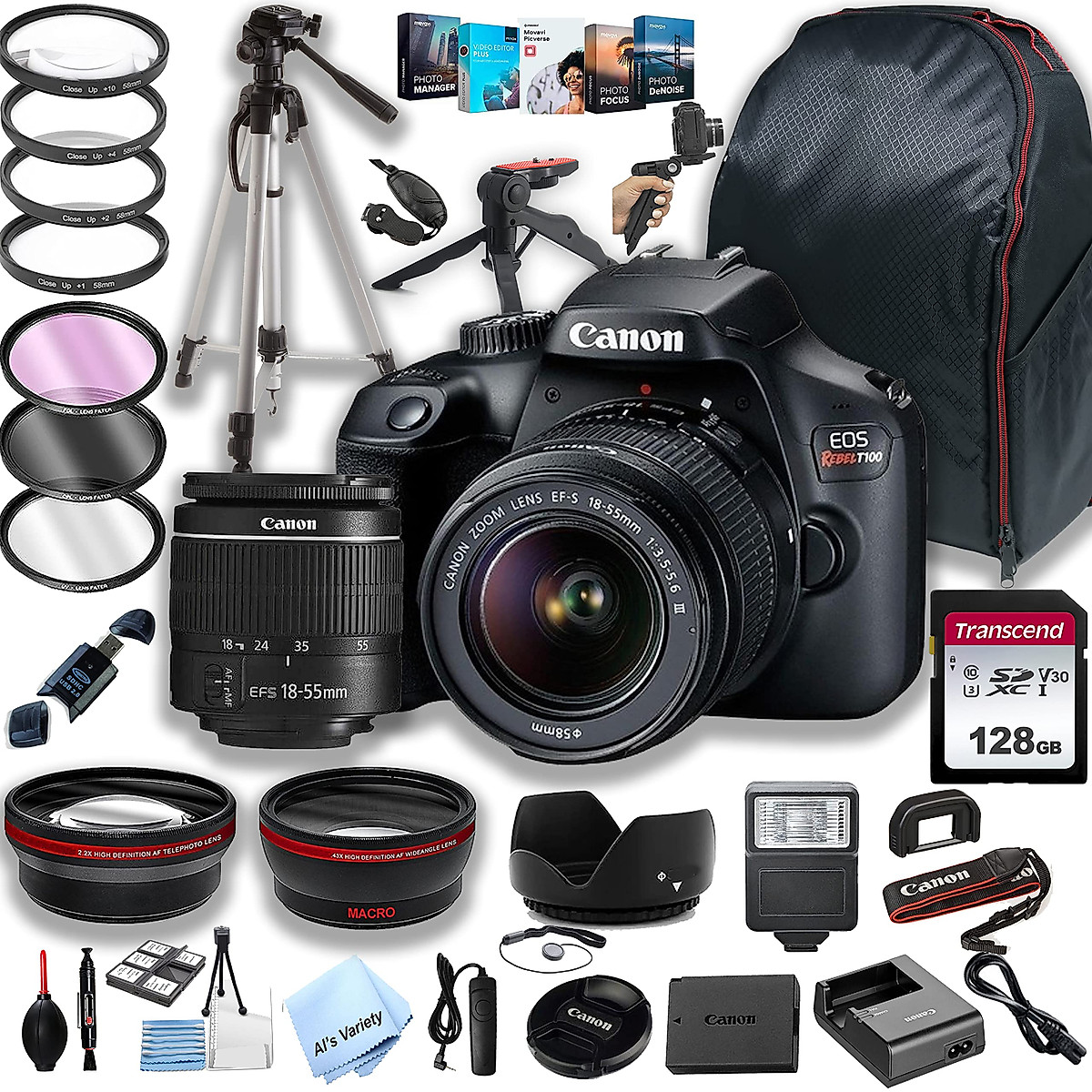 Canon EOS Rebel T100 (EOS 4000D) DSLR Camera w/EF-S 18-55mm F/3.5-5.6 Zoom Lens + 128GB Memory + Case+ Steady Grip Pod + Tripod + Filters + Lenses + Software + More (42pc Bundle) (Renewed)