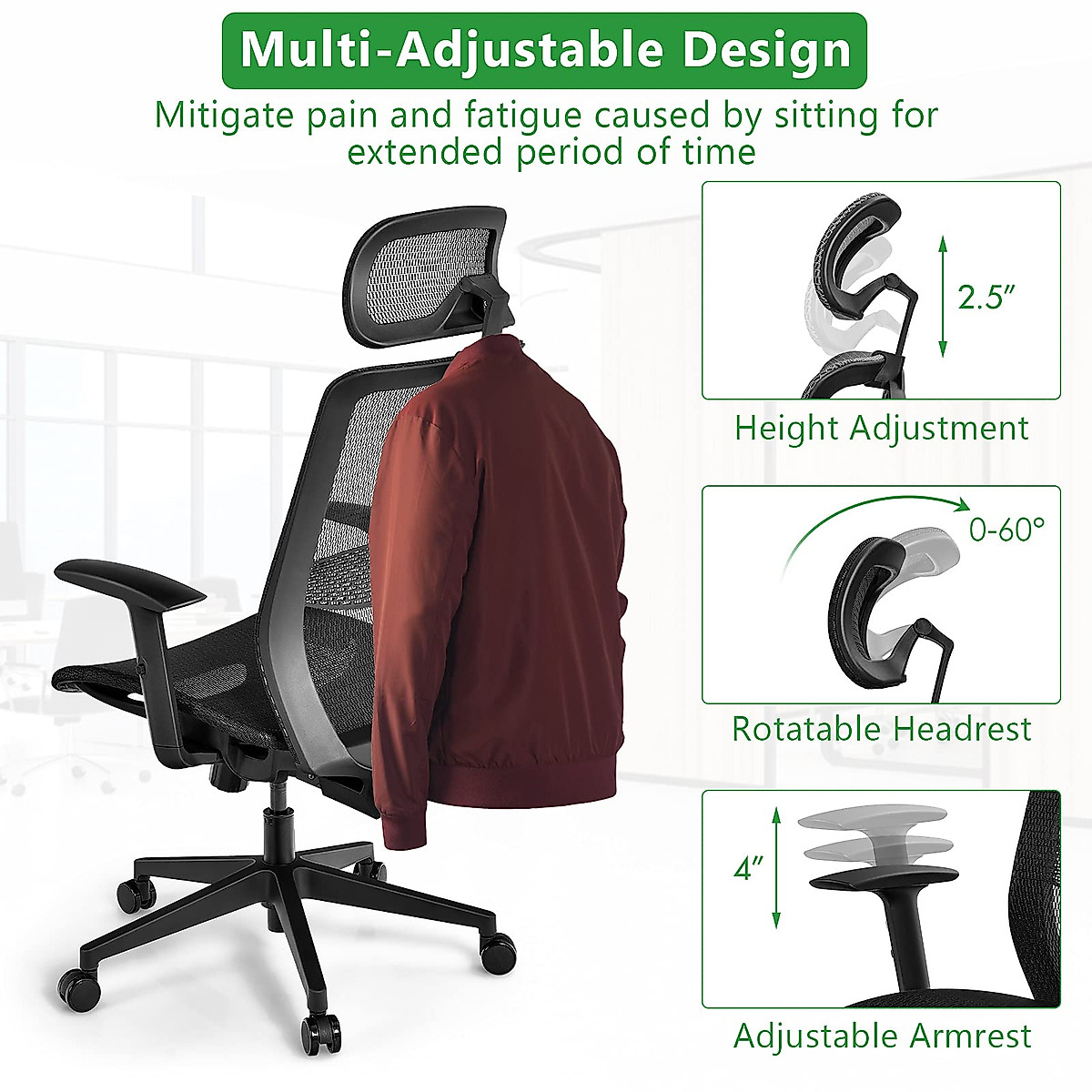 BestComfort High Back Mesh Office Chair, Ergonomic Executive Chair with Adjustable Reclining Angles, Lumbar Support, Headrest, Armrest, Swivel Rolling Computer Desk Chair with Coat Hanger (Black)