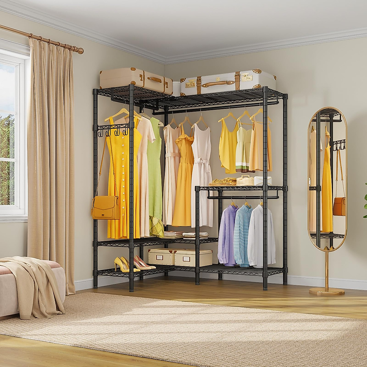 VIPEK L3 Clothing Rack, L Shaped Heavy Duty Garment Rack for Hanging Clothes, Corner Clothes Rack, Freestanding Closet System with Adjustable Shelves & Hang Rods & Side Hooks, Max Load 950lbs, Black