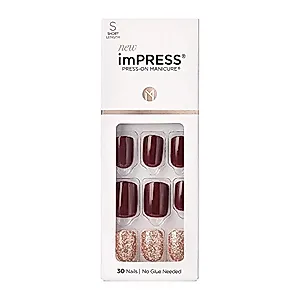 KISS imPRESS No Glue Mani Press On Nails, Design, 'No Other', Red, Short Size, Squoval Shape, Includes 30 Nails, Prep Pad, Instructions Sheet, 1 Manicure Stick, 1 Mini File