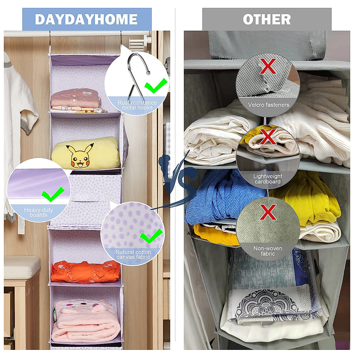 DAYDAYHOME Hanging Closet Organizer with Drawers, Two 3-Shelf Separable Closet Organizers and Storage, Nursery Hanging Storage Organizer for Closet,Child/Kids Room (Purple 6 Shelves)