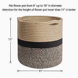 TIMEYARD Sturdy Jute Rope Plant Basket Modern Woven Basket for 10" Flower Pot Floor Indoor Planters, 11” x 11” Storage Organizer Basket Rustic Home Decor, Black and Beige Stripes