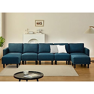 Cpintltr U Shaped Sectional Sofa Modern Convertible Modular Couch with Reversible Chaise Upholstered Linen 5-Seat Sofa Furniture Set with Ottomans for Living Room (Navy Blue,5+2)