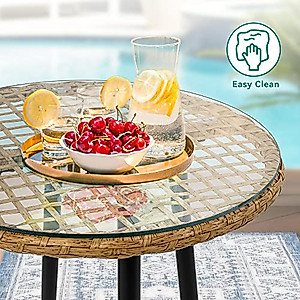 YITAHOME 3-Piece Outdoor Patio Furniture Wicker Bistro Set, All-Weather Rattan Conversation Chairs for Backyard, Balcony and Deck with Soft Gray Cushions, Glass Side Table Light-Yellow