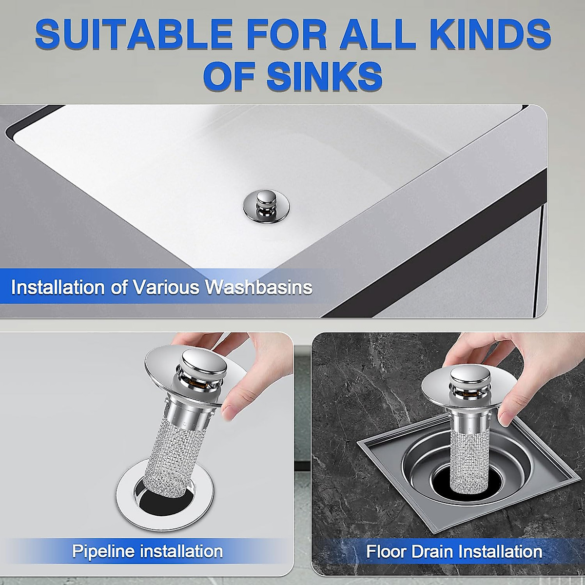 (2PCS) Bathroom Sink Drain Strainer, Pop-up Sink Drain Strainer with Removable Stainless Steel Strainer Basket Hair Catcher, Bathroom Sink Strainer for Bathroom Sink Stopper Replacement