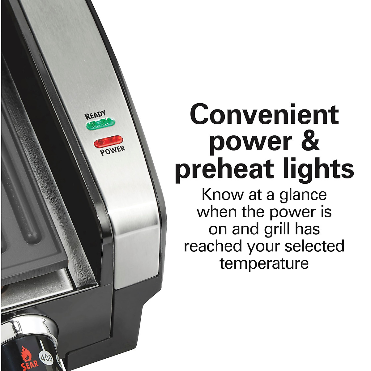 Hamilton Beach Electric Indoor Searing Grill with Adjustable Temperature Control to 450F, 118 sq. in. Surface Serves 6, Removable Nonstick Grate, Viewing Window, Stainless Steel