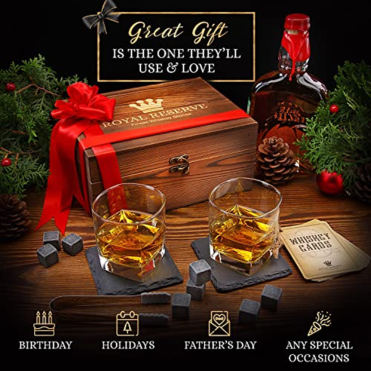 Whiskey Stones Gift Set by Royal Reserve | Artisan Crafted Chilling Rocks Scotch Bourbon Glasses and Slate Table Coasters – Gift for Guy Men Dad Boyfriend Anniversary or Retirement Regalos para hombre