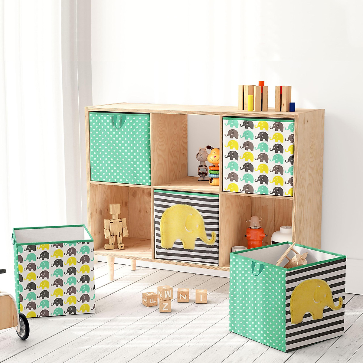 Bacati - Small Storage Tote Elephants Mint/Yellow/Grey 10 x 10 x 10 inches