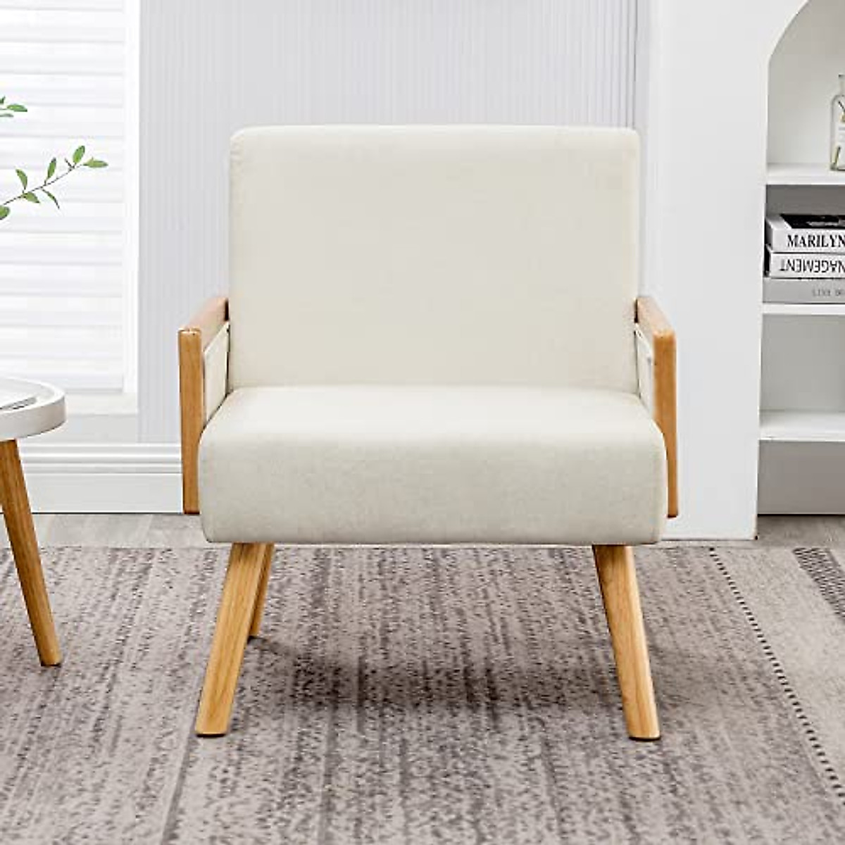 MELLCOM Beige Rattan Chair, Mid Century Modern Accent Chair, Upholstered Chairs with Bamboo Knitting and Solid Wood Legs, Comfy Linen Fabric Armchair for Club, Living Room, Bedroom,Beige-26.4''w