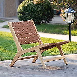 HeuGah Accent Chair,Woven Leather Midcentury Modern Accent Chair with High Back, Patio Lounge Chair, Cognac Leather and Natural Wood Recliner Chair for Living Room,Bedroom,Patio(Burlywood)