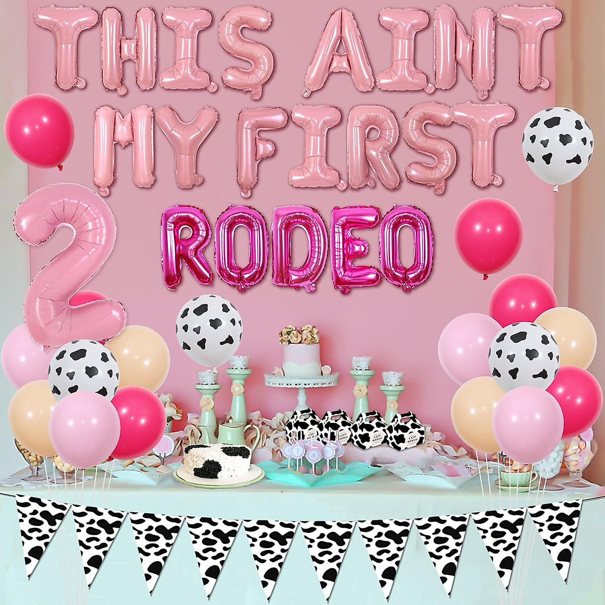 Wonmelody Western Cowgirl 2nd This Aint My First Rodeo Birthday Decorations Girls Pink This Aint My First Rodeo Balloon Banner Retro Horse Balloon Cow Pennant for My Rodeo 2nd Birthday Decoration