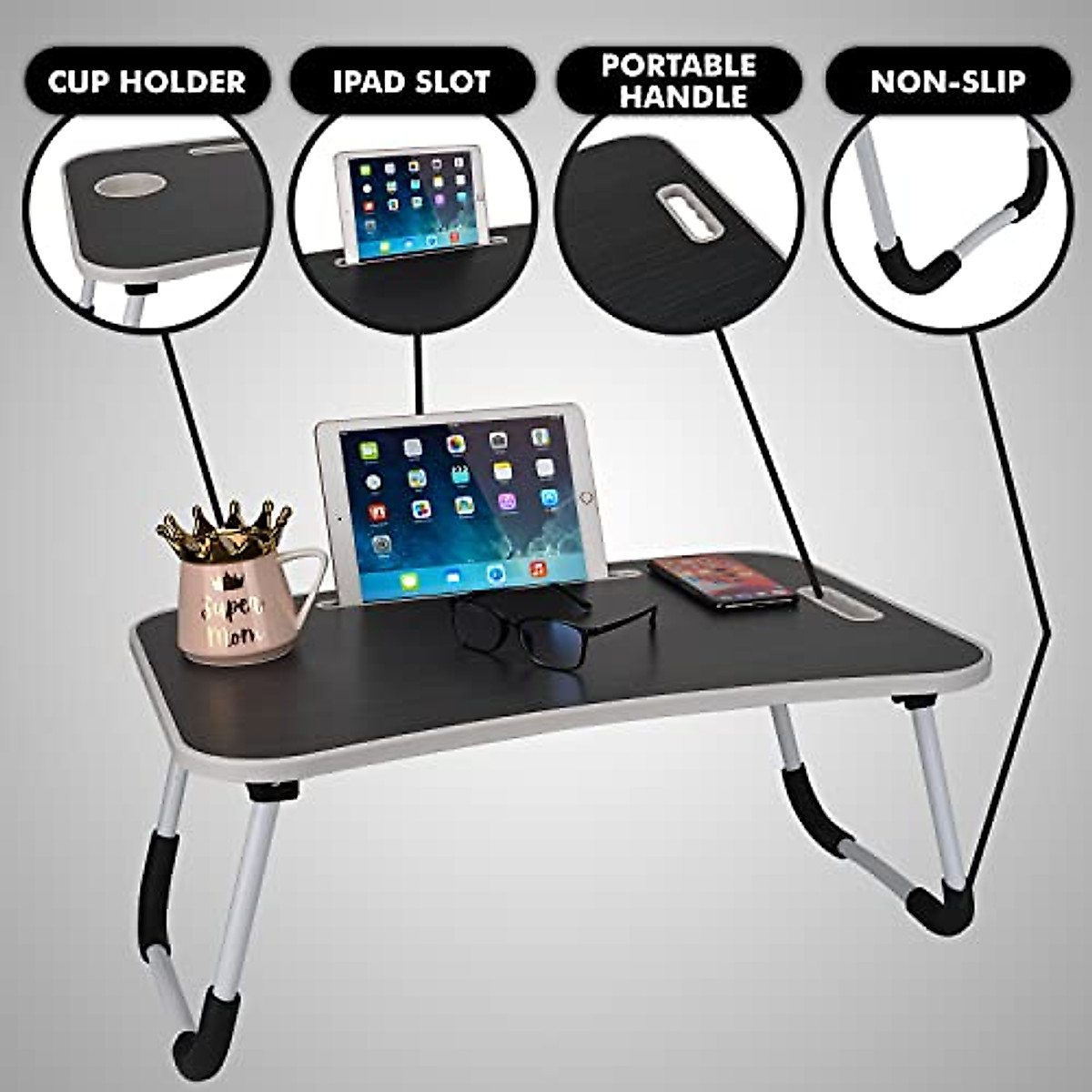 Folding Lap Desk for Bed and Sofa - Portable Wide Surface Bed Desk with Built-in Cup Holder and Tablet or Phone Slot for Working, Studying, Eating, and Watching Movies (Dark Grey)