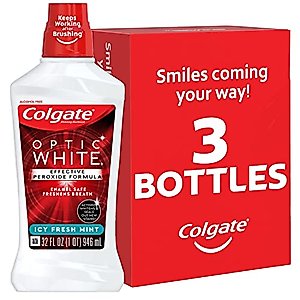 Colgate Optic White Whitening Mouthwash, 2% Hydrogen Peroxide, Fresh Mint, 32 Ounce, 3 Pack (Packaging May Vary)