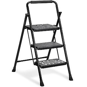 3 Step Ladder, Miscoos Folding Step Stool for Adults with Wide Anti-Slip Pedal, Sturdy Steel Ladder, Lightweight, Convenient Handgrip, Portable Kitchen& Household Small Step Ladder, Black
