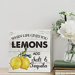 When Life Gives You Lemons Wooden Box Sign Desk Decor Rustic Lemon Wood Block Plaque Box Sign for Home Living Room Office Shelf Table Decoration (5 X 5 Inch)