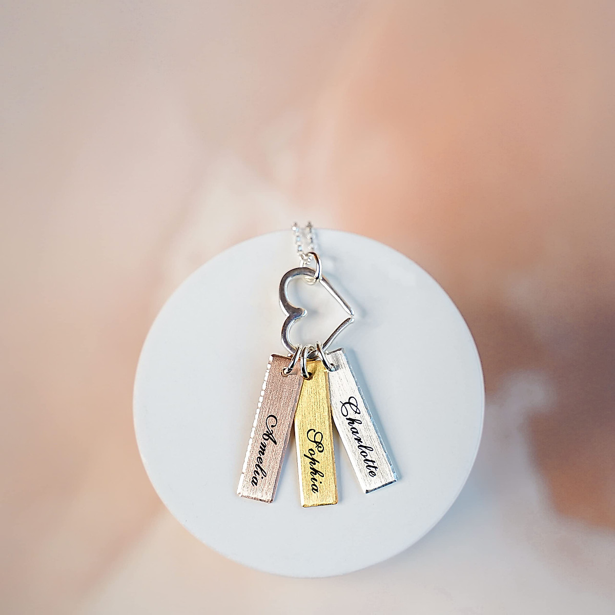 Mixed Tone Triple Bar Sterling Silver Personalized Necklace with Heart Charm. 14k Gold Plated, Rose Gold Plated, and Sterling Silver charm. Choice of Sterling Silver Chain. Gifts for Her, Mom, Wife