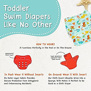 Cheekaaboo 2-in-1 Reusable Swim Diapers, Multipurpose Baby Swim Diaper, Leak-Proof Reusable Diapers with Inserts, Made for Beach, Pool and Outdoors, Turquoise/Dino, Fits Babies 6 Months to 3 Years