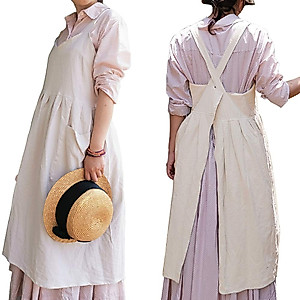 NEWGEM Cotton Linen Criss Cross Back Apron with Pockets for Women Japanese Korean Cute Style Smock Pinafore for Kitchen Cooking Baking Gardening Painting Beige