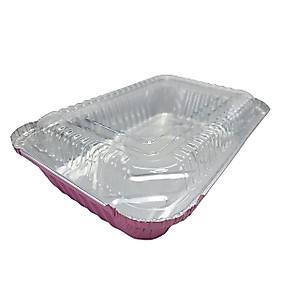 KitchenDance Colored Shallow Take Out Pans with Plastic lid - 1.5 Pounds Food Storage Aluminum Foil Baking Pan - Aluminum Pans Perfect for Cooking, Freezing, Preparing Food, 6417P (Pink, 50)