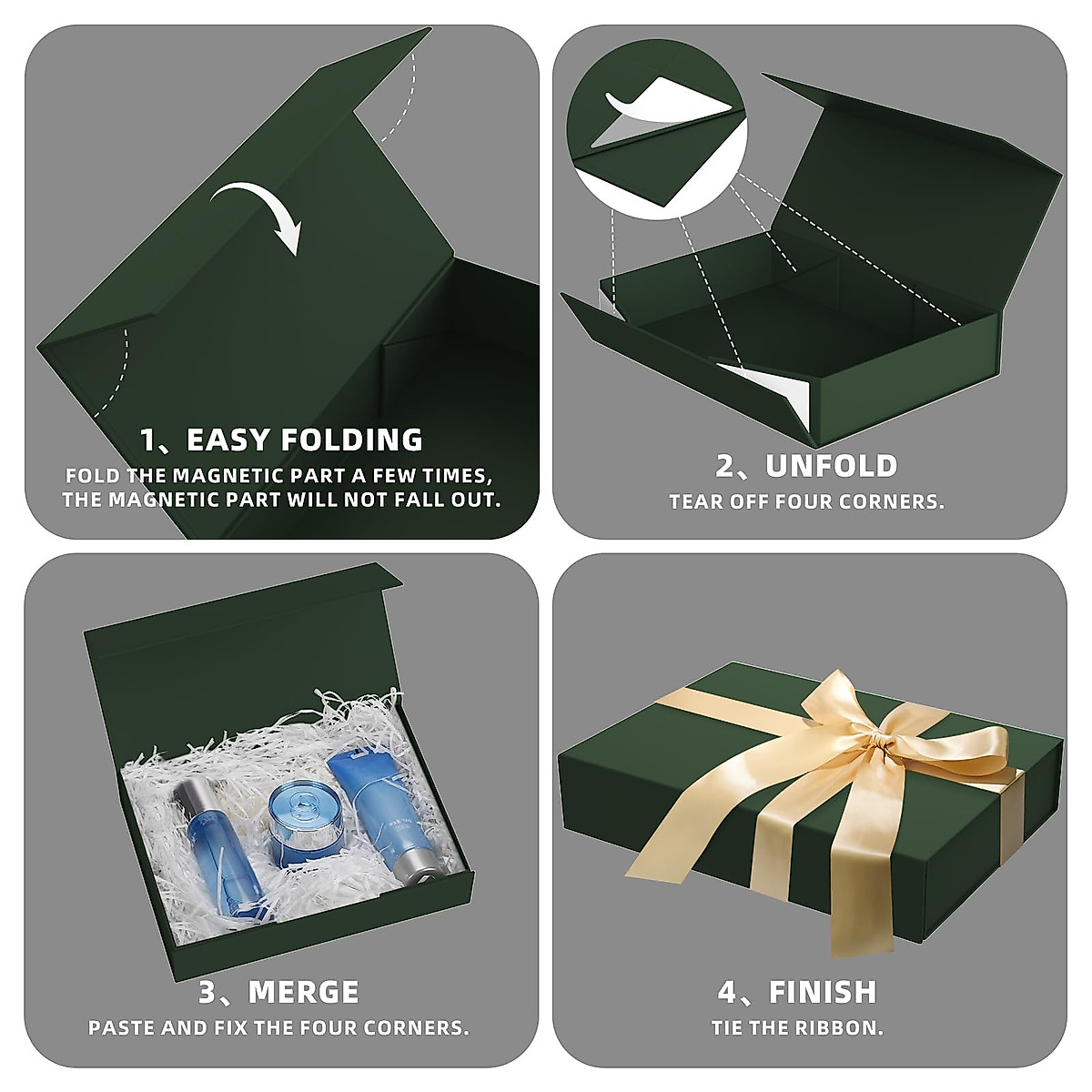 Gift Box with Lids, 11.5 x 8.5 x 2.3 In Magnetic Closure Collapsible Gift Boxes for wraps gifts of T-Shirts, Gloves, Scarves, Candy, Baby Clothes, Jewelry, Books, Comes with a Ribbon(Forest green)