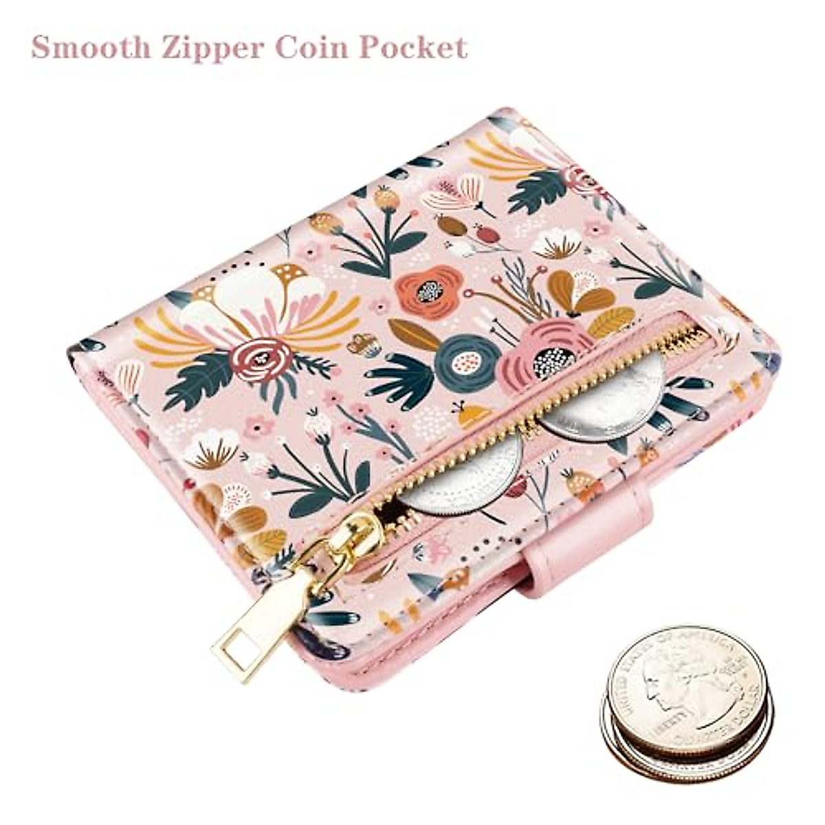Slim Bifold Wallet RFID Credit Card Wallet Small Cute Card Holder for Women, Pink Flowers
