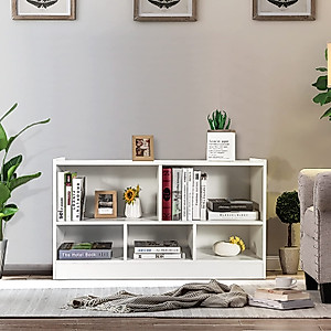 SILKYDRY 5 Cube Storage Organizer, 2-Tier Horizontal Bookshelf, Wooden Display Book Shelves for Home Office Classroom, Low Bookcase Under Window (White, 44” x 12” x 24”)