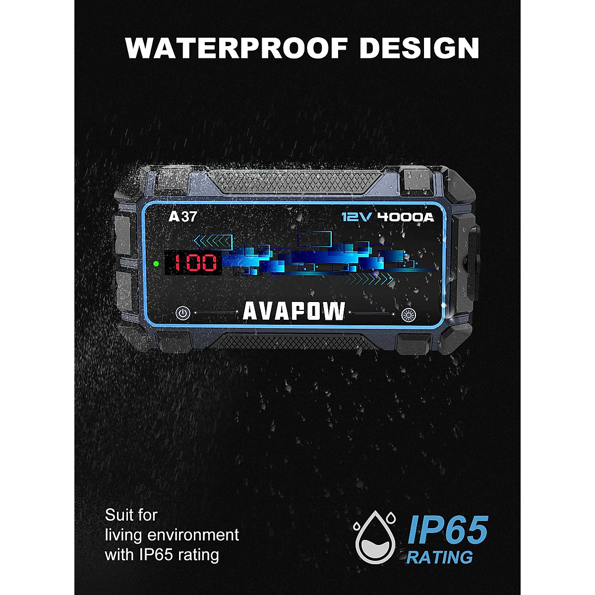 AVAPOW Jump Starter Car Battery 4000A Peak,Portable Jump Starters for Up to 10L Gas 10L Diesel Engine,12V Lithium Jump Pack with Smart Safety Clamp, IP65