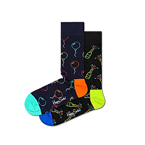 Happy Socks Pop Champagne Party Sock - for Men and Women, Made with Sustainable Cotton- Black and Neon- Size 10-13 (2-Pack with Gift Box)