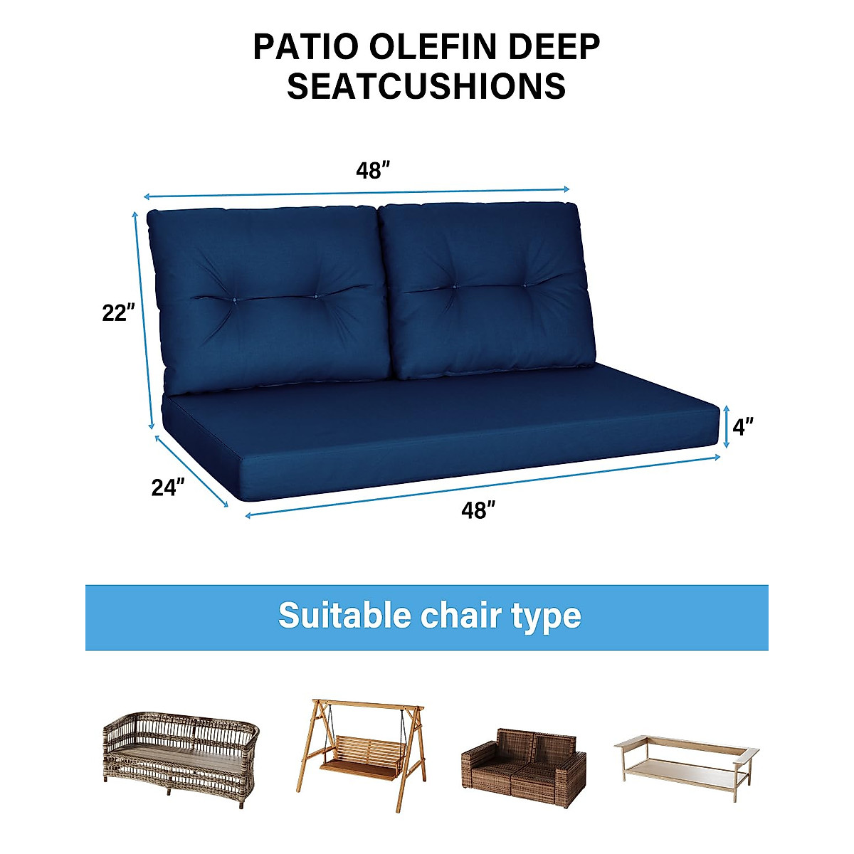 YEFU Outdoor Loveseat Cushion Set, 48 x 24, Waterproof Replacement Patio Chair Cushions, Fade Resistant Deep