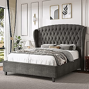 Jocisland Upholstered Bed Frame King Size Wingback Platform Bed Frame Tufted and Headboard Tall Linen Bed Frame/No Box Spring Needed/Wood Slat (Dark Grey)