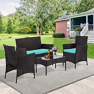 Ruesleag Patio Furniture Set 4 Piece Rattan Conversation Sets Patio Set Chairs with Thickened Cushions and Tempered Glass Table Outdoor Wicker Porch Furniture Random Arrangement for Yard or Backyard