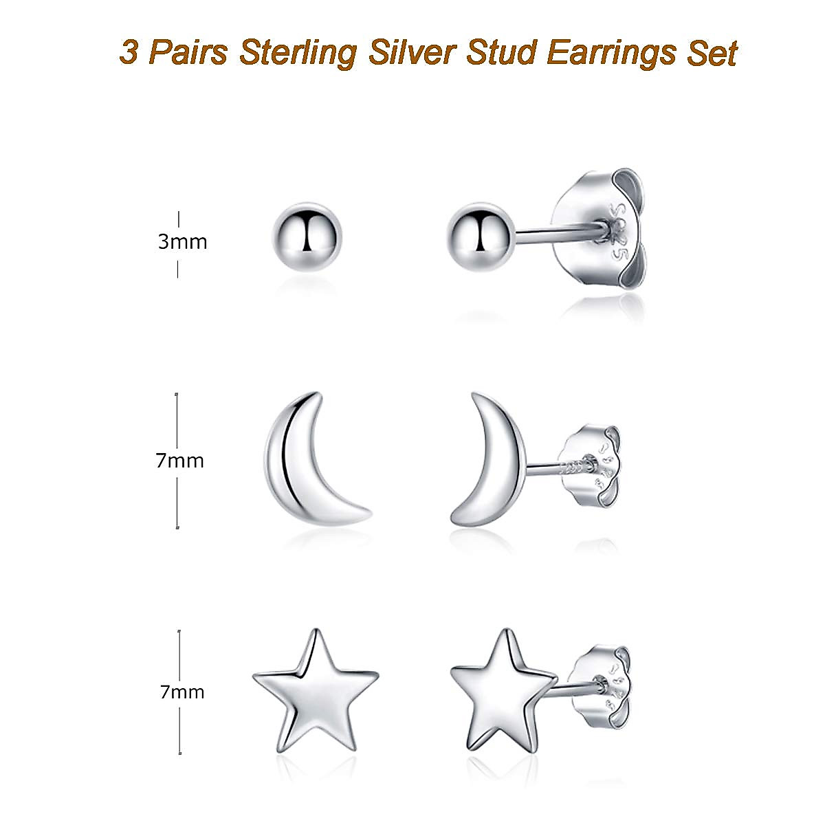 Bestwick Silver Stud Earrings for Women Girls Teenage, 3 Pairs 925 Sterling Silver Cute Round Ball Star Moon Stud Earrings, Hypoallergenic Small Cartilage Tragus Studs Earrings Set
