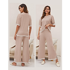 Wyeysyt Women Lounge Sets 2 Piece Sweater Knit Short Sleeve Pullover Tops Wide Leg Pants Elastic Waist Sweatsuits(Khaki-M)