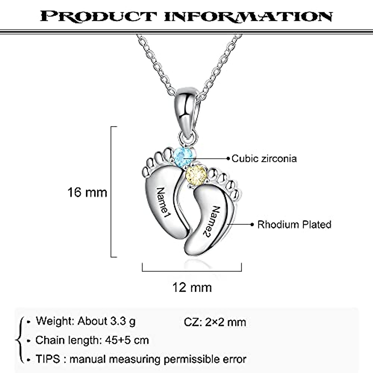 Lam Hub Fong Personalized Mother's Day Gifts for Mom Necklace with 1-6 Baby Feet Birthstone Necklace for New Mom Engrave Name Necklace for Mother Family (2 Feet)