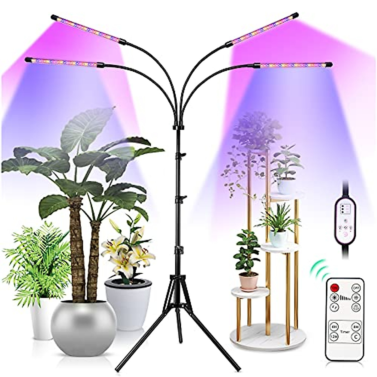 Grow Lights for Indoor Plants, LED Full Spectrum Plant Light with Stand (Adjustable Tripod 15-60inch for Floor Plants, Red/Blue/White, 4/8/12H Timer with Remote Control) (Red)