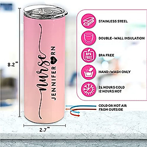 Personalized 20 oz Nurse Tumbler with Straw Lid, 10 Designs & 25 Colors, Nurse Gifts for Women, Custom Nurse Appreciation Gifts, Nurse Graduation Gift, 3 Piece Set