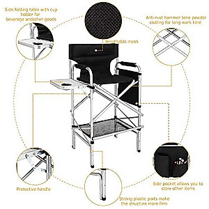 mefeir Tall Director Makeup Artist Chair Bar Height, Aluminum Frame Supports 300 lbs, Folding Portable with Side Table Storage Bag Black (19.2" D x 23.6" W x 45.6" H)
