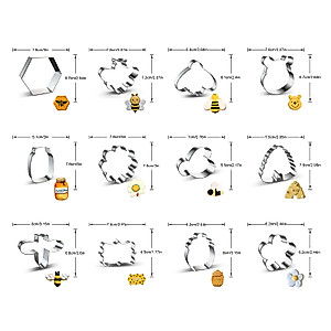 Bee Cookie Cutters Set Small Mini - 3 Inch - 12 Pieces Stainless Steel Biscuit Mold Cutter with Bee, Hexagon Honeycomb, Beehive, Flower, Honey Jar, Plaque Frame, Cartoon Bear Head Shapes Cookie Cutter