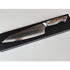 Custom VG10 Damascus chef knife Hybrid Santoku 9" White Silver cast pine cone handle, kitchen knife w/ 67 layer SS Damascus (Blue SIlver)