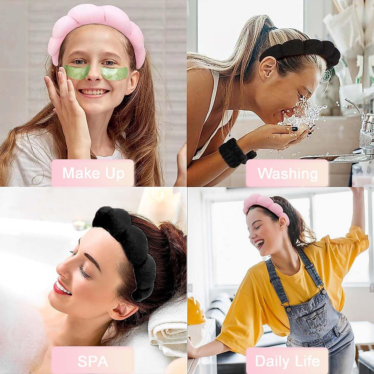 Ruiwen Hair Spa Headband for Washing Face, 3 Pink+Light Green Terry Cloth Headbands, Facial Exfoliator, Face Scrubber, Bubble Soft Puffy Skincare Headbands for Makeup Removal, Women's Product