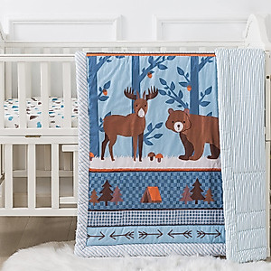 Soul & Lane 3-Piece Cotton Forest Animals Crib Bedding Set for Boys - Comforter, Crib Sheet, Changing Pad Cover: Woodland Friends Crib Bedding Set, Deer Bear Blue Nursery Quilt, Mountain Crib Sheet